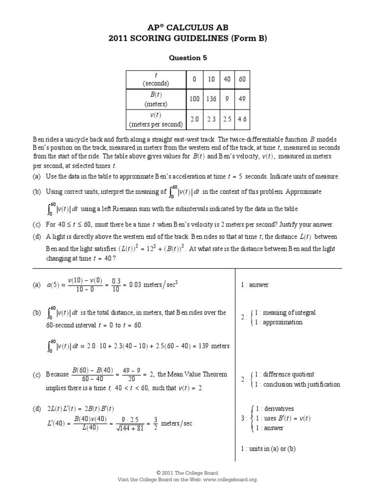 AP Calculus Ab 2011 Scoring Guidelines (Form B) : T BT VT | PDF ...