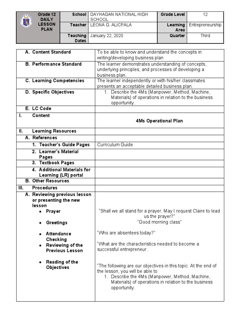 Grade 12 Daily Lesson Plan School Dayhagan National High Grade Level ...