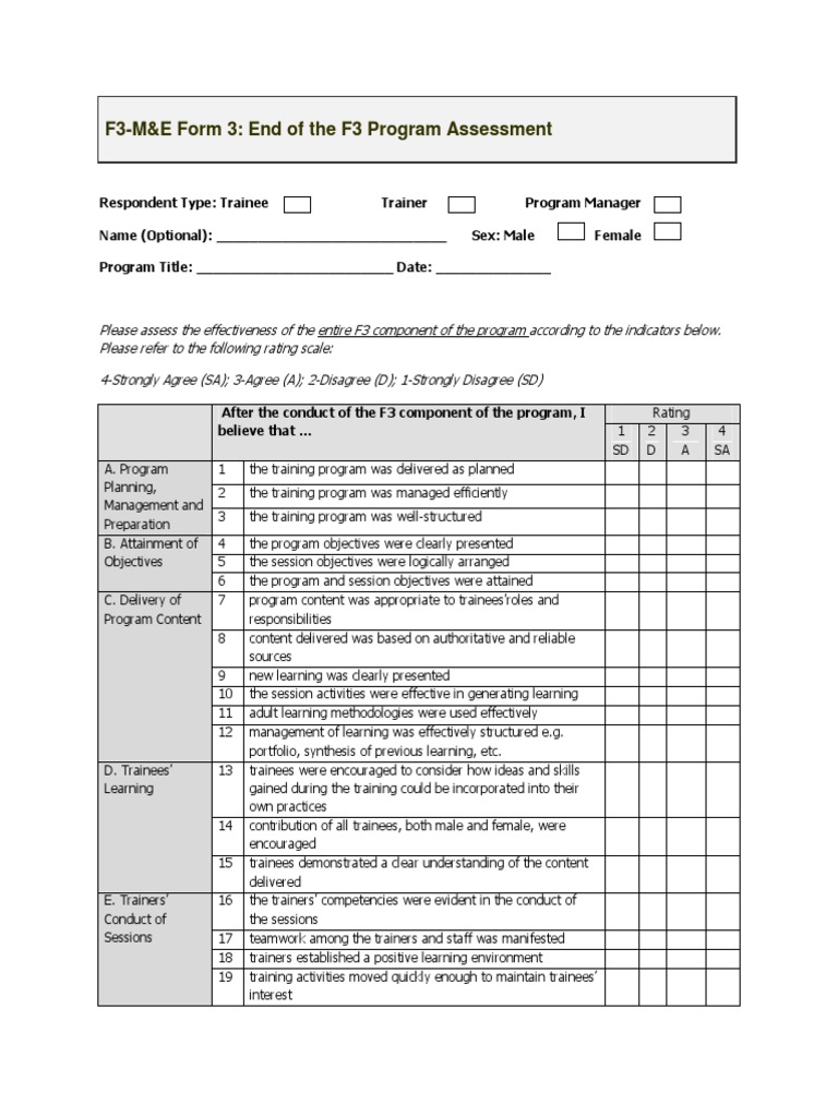 F3-M&E Form 3: End of The F3 Program Assessment | PDF | Learning ...
