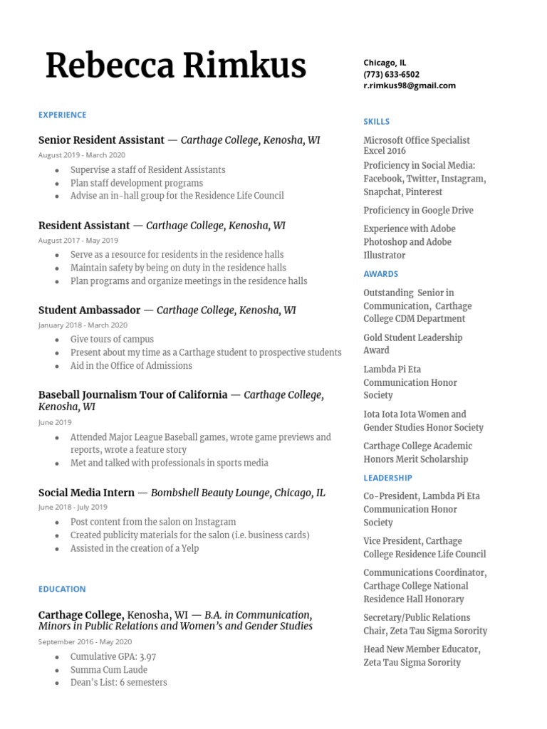 Rebecca Rimkus: Experience Skills | PDF | Students