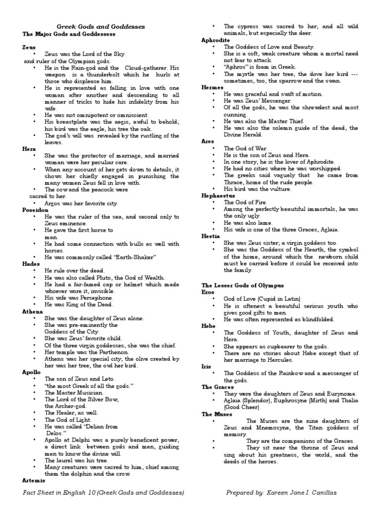 Greek Gods and Goddesses Fact Sheet | PDF | Muse | Zeus