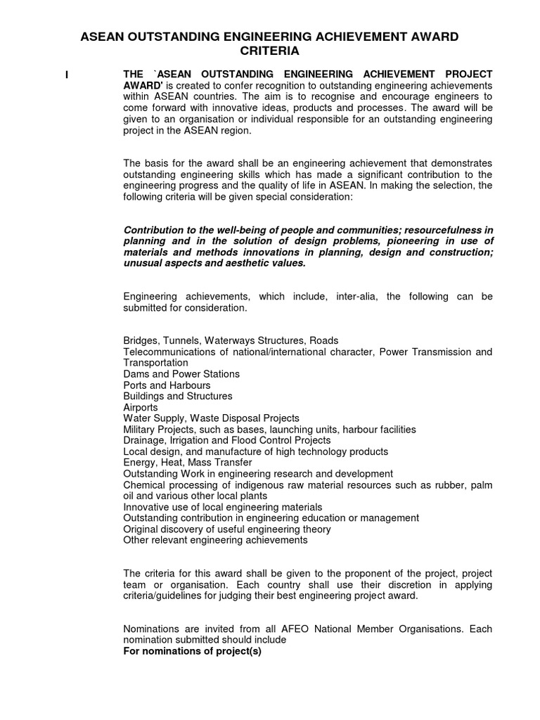 Criteria For Asean Outstanding Engineering Achievement Award PDF | PDF ...