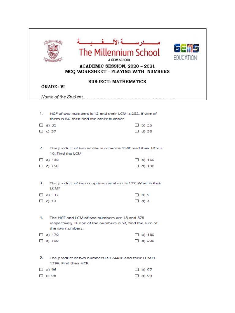 ACADEMIC SESSION, 2020 - 2021 MCQ Worksheet - Playing With Numbers ...