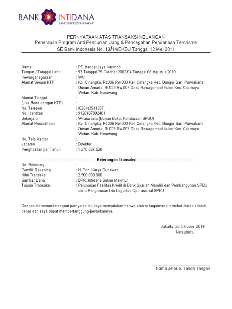 fORM Surat Pernyataan Atas Transaksi | PDF