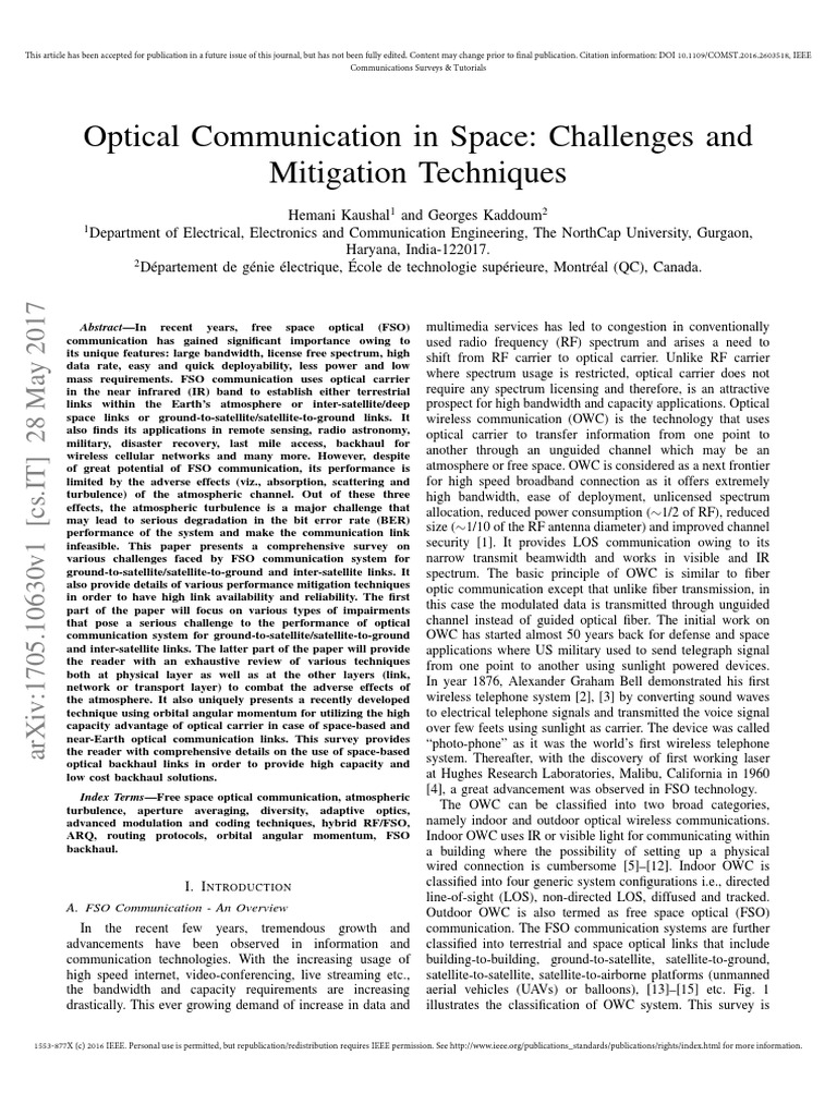 Optical Communication in Space: Challenges and Mitigation Techniques | PDF | Infrared | Satellite