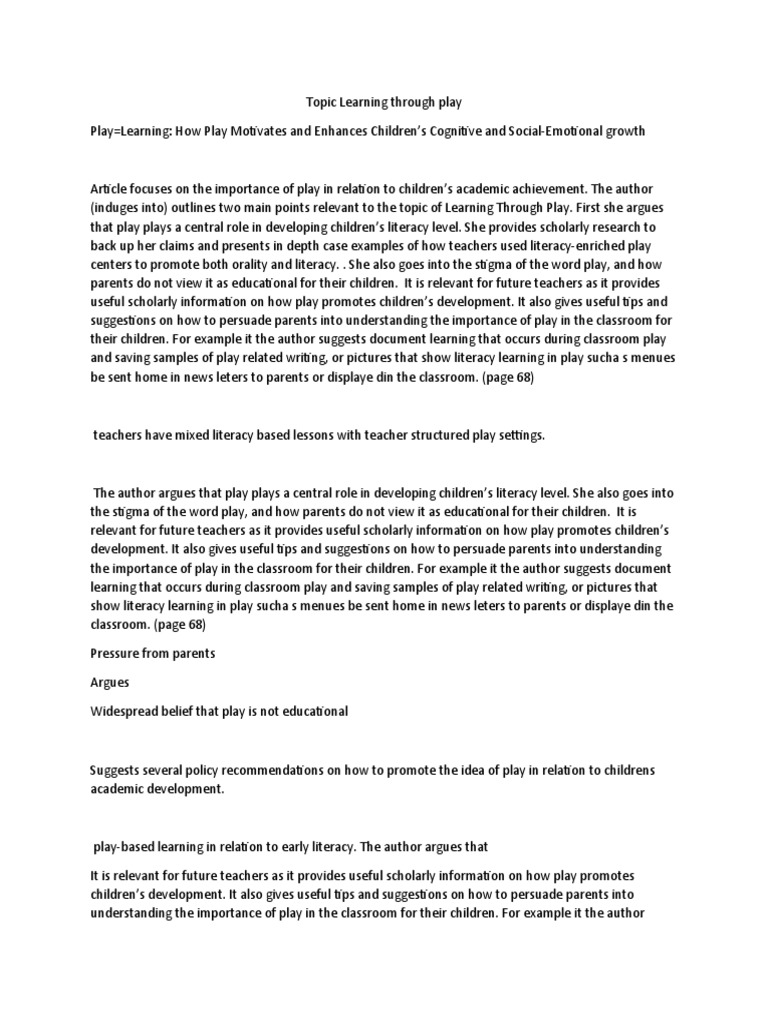 Topic Learning Through Play Draft | PDF | Teachers | Literacy