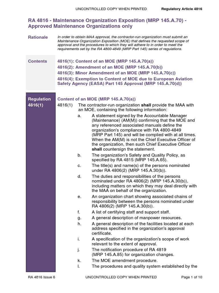 RA 4816 - Maintenance Organization Exposition (MRP 145.A.70) - Approved ...