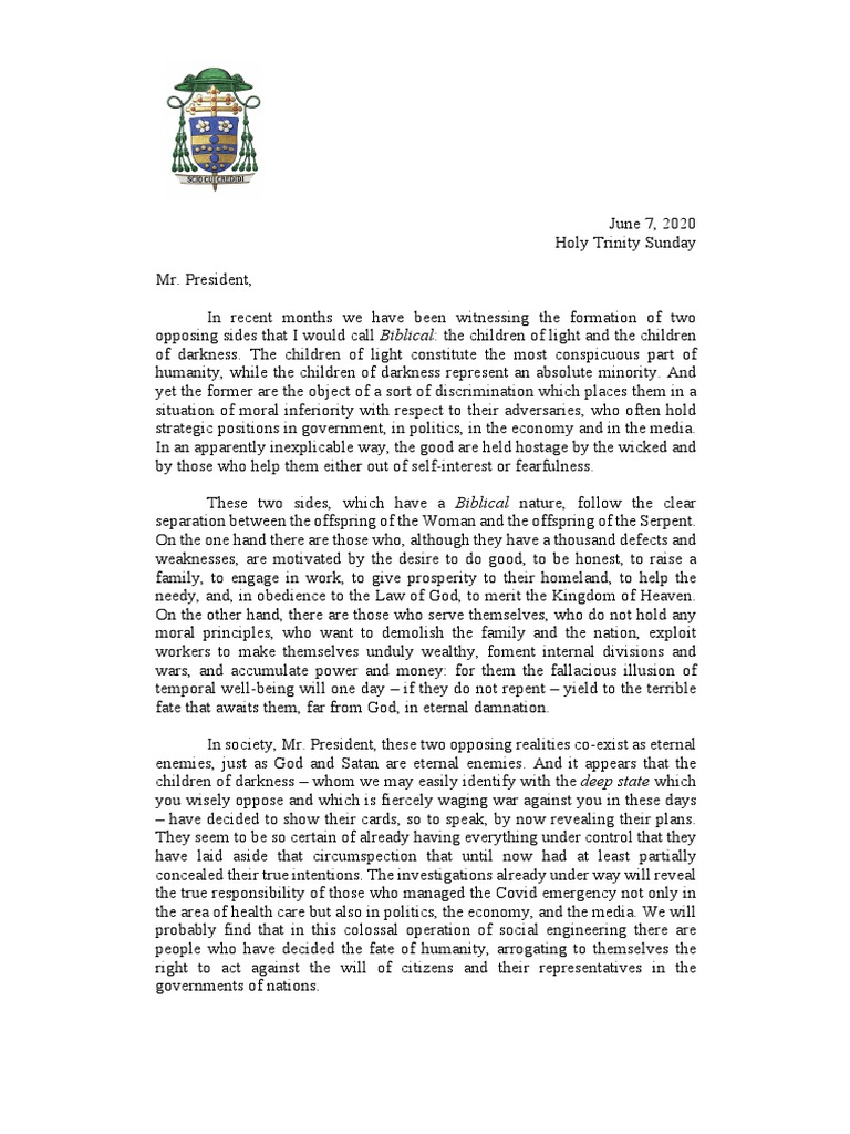 Archbishop Vigano Letter To Donald Trump 2020.06.07 | PDF | Christian ...