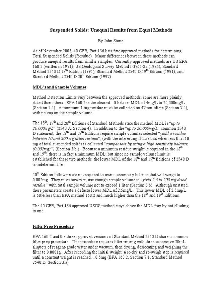 Suspended Solids: Unequal Results From Equal Methods: MDL's and Sample ...