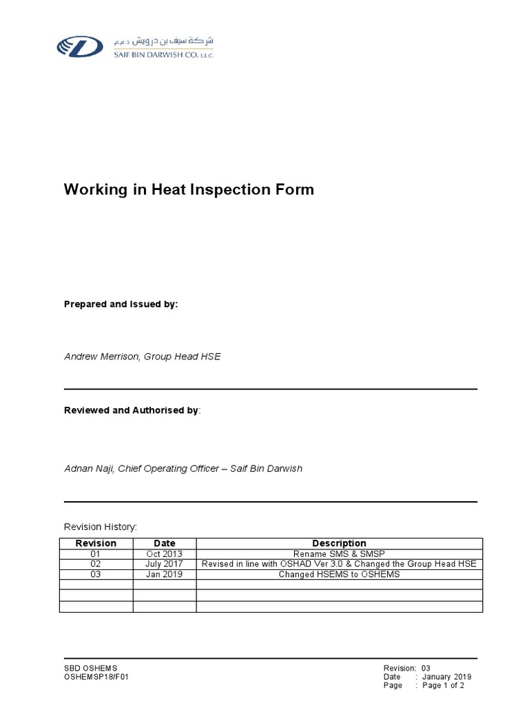 F01 - Working in Heat Inspection Form | PDF | Medicine