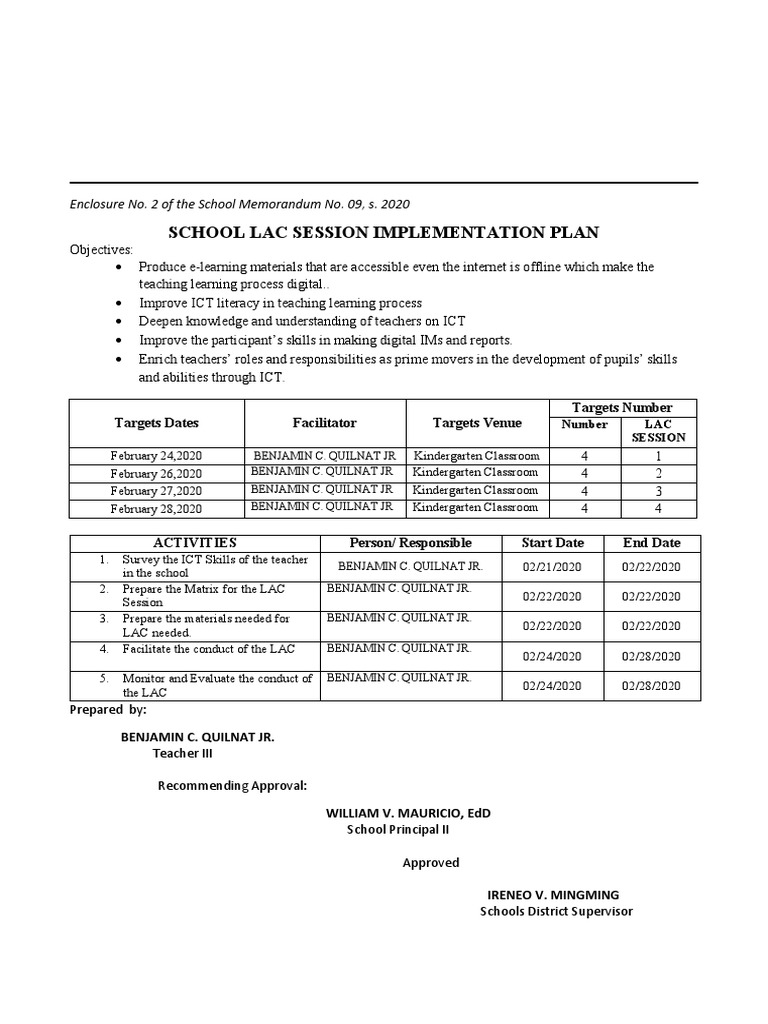 School Lac Session Implementation Plan: Enclosure No. 2 of The School Memorandum No. 09, S. 2020 ...