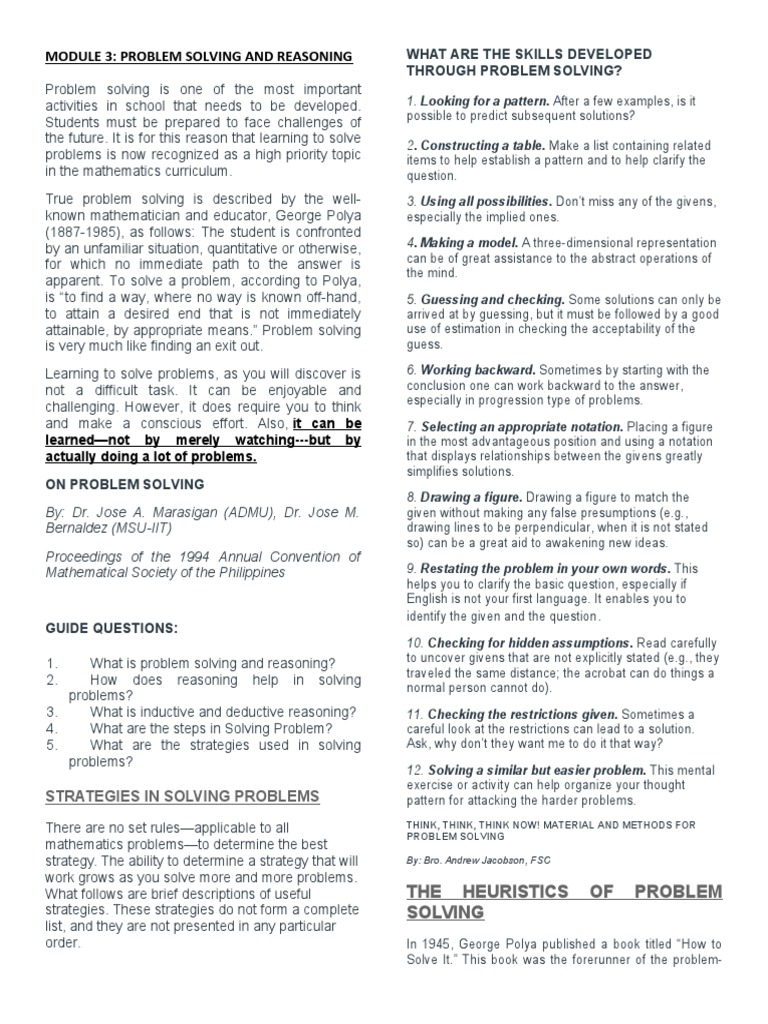 Module 3: Problem Solving and Reasoning: What Are The Skills Developed Through Problem Solving ...