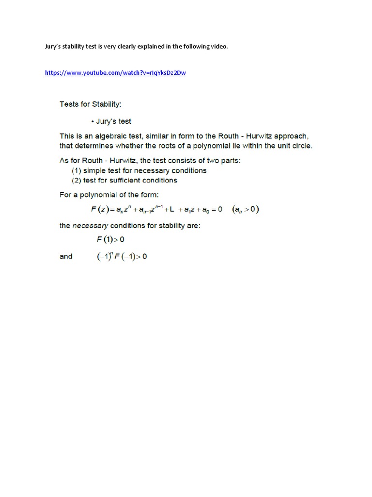 Jury's Stability Test Is Very Clearly Explained in The Following Video ...