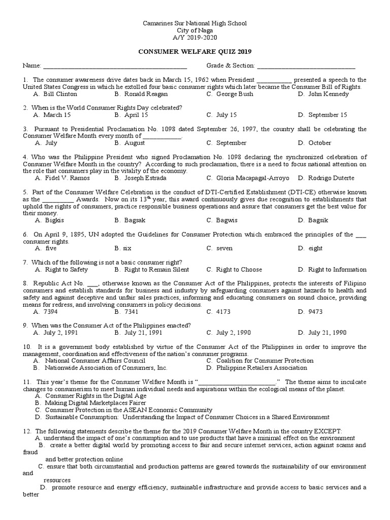 Consumer Welfare Quiz | PDF | Consumerism | Sustainability
