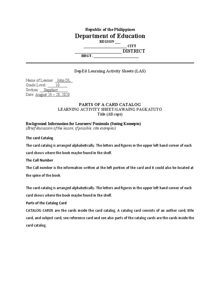 Learning Activity Sheets Sample PDF