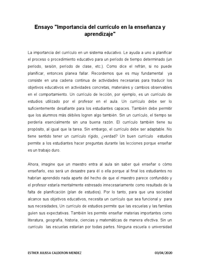 Ensayo Esther Calderon | PDF | Plan de estudios | Aprendizaje Ensayo Esther Calderon | PDF | Plan de estudios | Aprendizaje