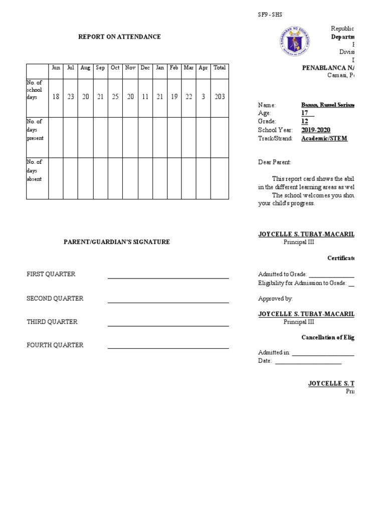 Learner S Progress Report Card Sf9 Shs Pdf Value Ethics Learning