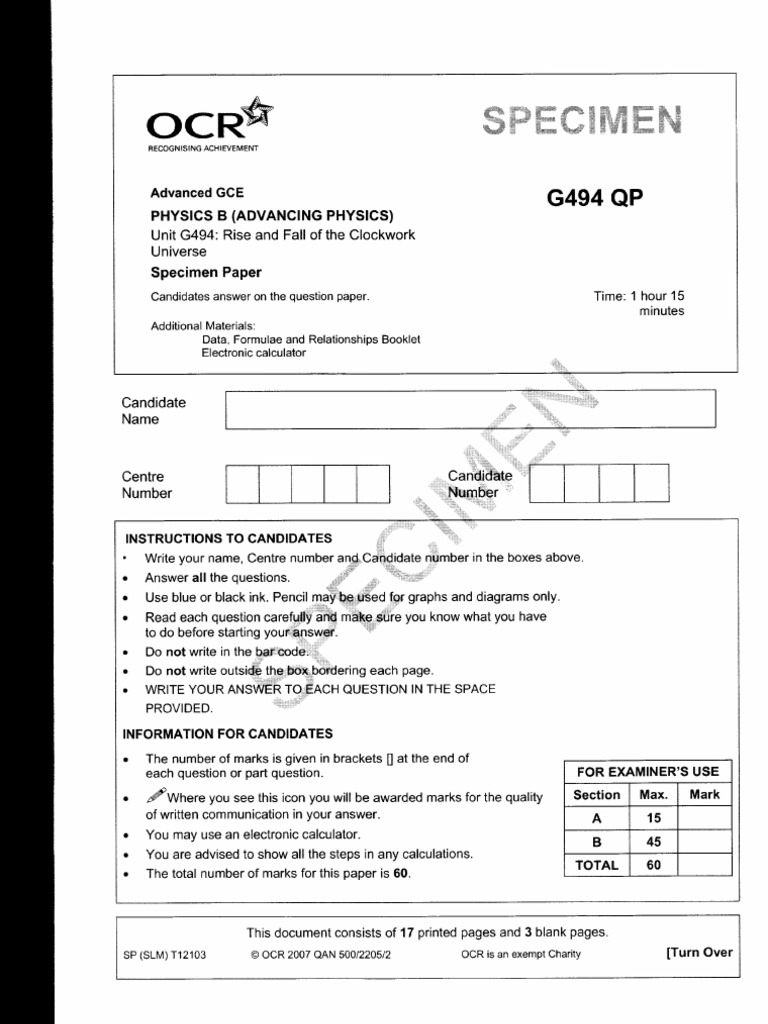 Physics B, G494, OCR Specimen Paper | PDF