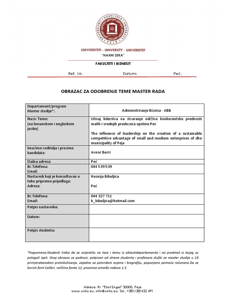 Obrazac - Za - Prijavu - Master - Rada AVNOR BURRI | PDF