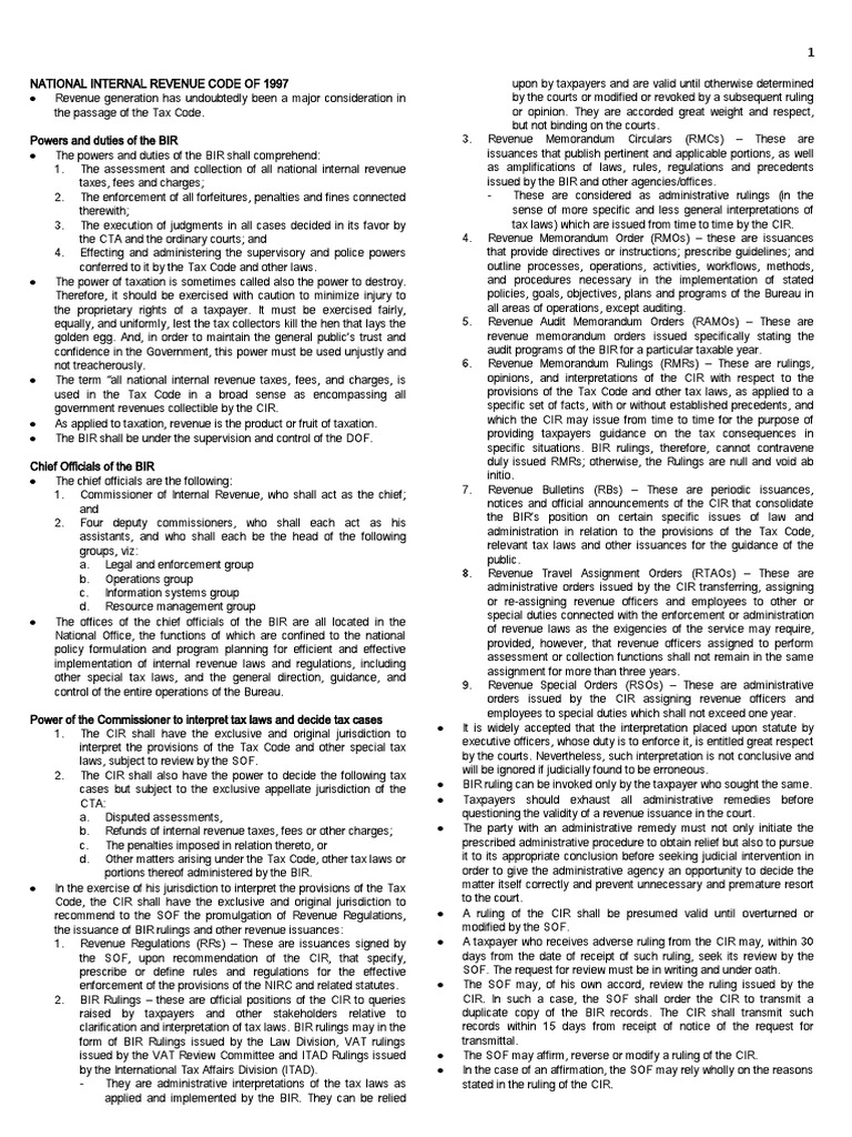 NIRC Summary | PDF | Jurisdiction | Taxation In The United States
