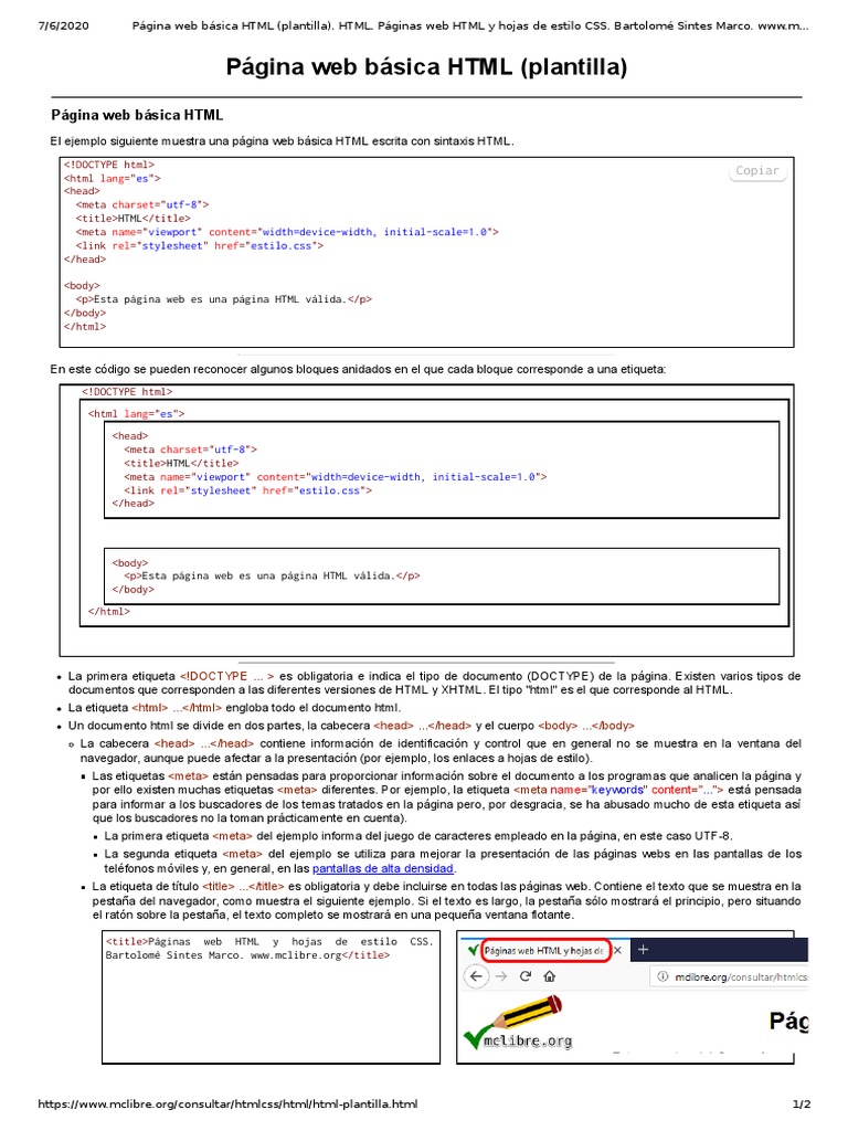 Página Web Básica HTML (Plantilla) - HTML. Páginas Web HTML y Hojas de Estilo CSS. Bartolomé ...