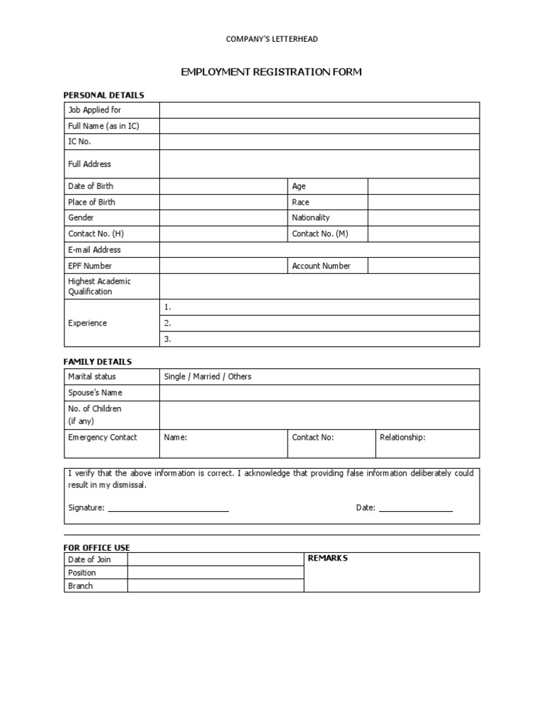 Sample Employee Registration Form | PDF
