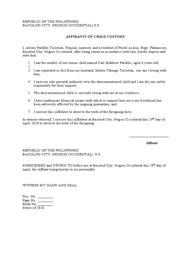 Affidavit of Child Custody (Sample) | PDF