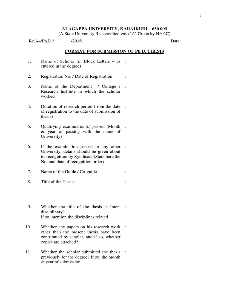 PH.D Thesis Submission Form | PDF | Thesis | Doctorate