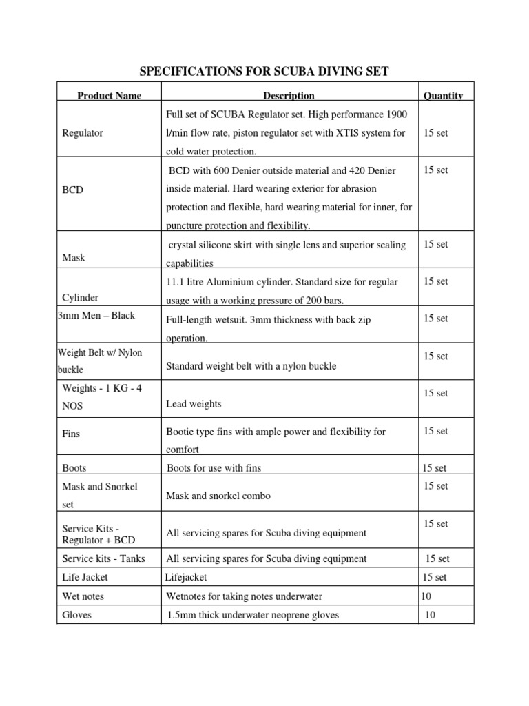 Specifications For Scuba Diving Set | PDF | Snorkeling | Scuba Diving
