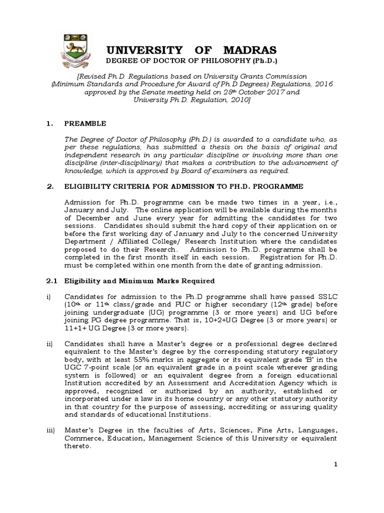 University of Madras: Degree of Doctor of Philosophy (PH.D.) | PDF | Doctor Of Philosophy | Thesis