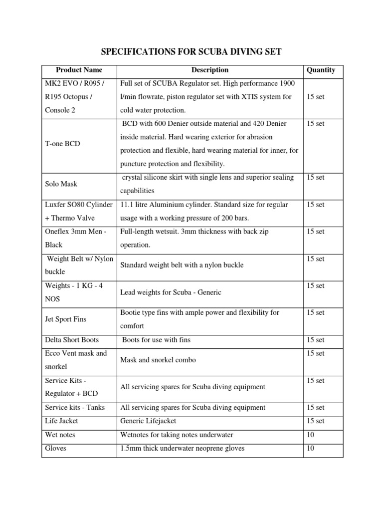 Specifications For Scuba Diving Set: Product Name Description Quantity ...