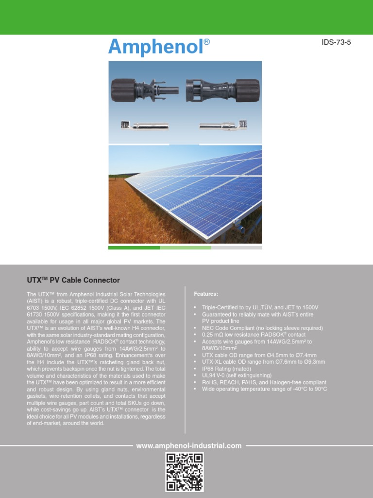 Amphenol: UTX PV Cable Connector | PDF | Electrical Connector ...