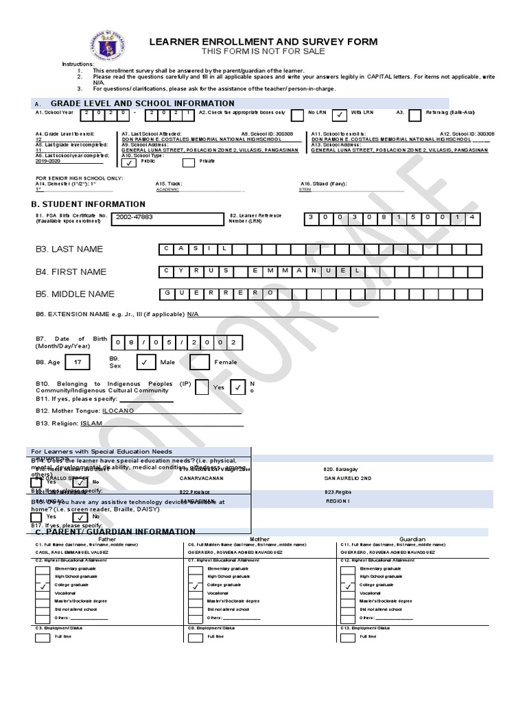 Learner Enrollment and Survey Form: Grade Level and School Information ...