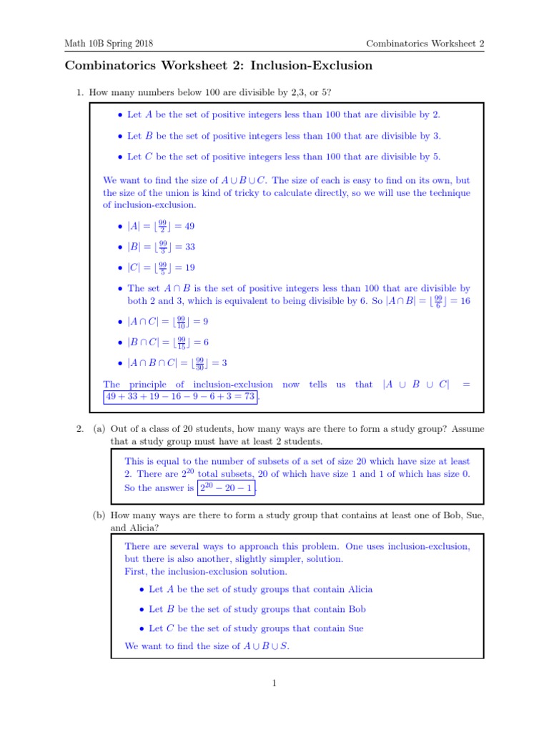 Combinatorics Worksheet 2: Inclusion-Exclusion: Math 10B Spring 2018 | PDF | Analysis | Applied ...