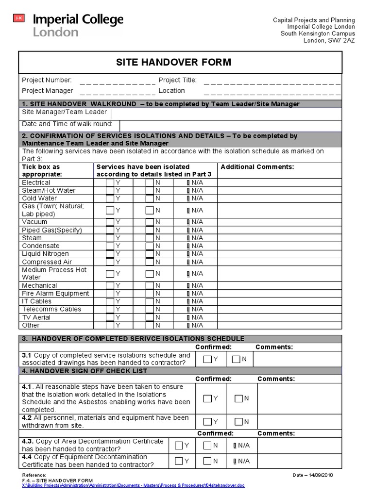 Site Handover Form Imperial College | PDF | Steam | Gases