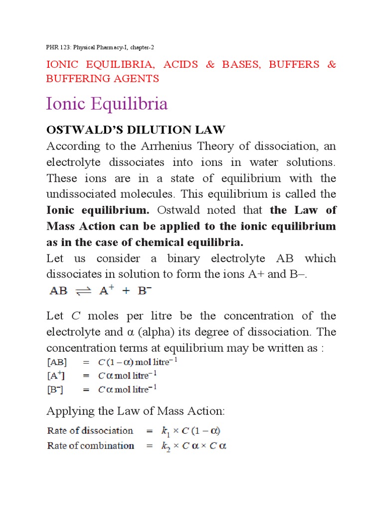 Ionic Equilibria: Ostwald'S Dilution Law | PDF | Acid Dissociation Constant | Dissociation ...