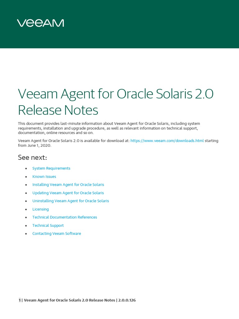 Veeam Agent For Oracle Solaris 2 0 Release Notes See Next Pdf Backup Operating System