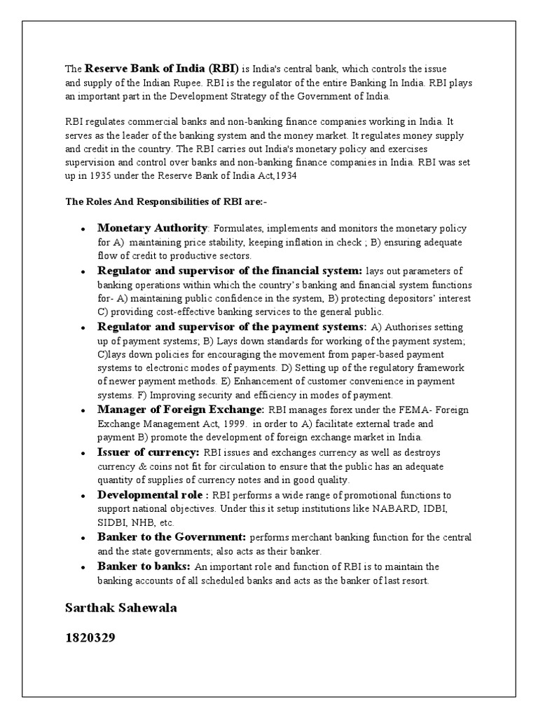 Sarthak Sahewala 1820329: The Roles and Responsibilities of RBI Are ...