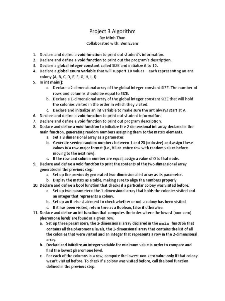 Project 3 Algorithm: Main Function, Generating Random Numbers Assigning ...