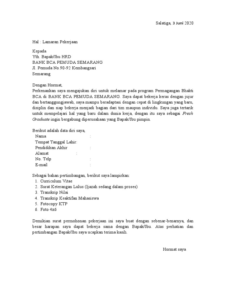 Lamaran Magang Bca | PDF | Karier & Perkembangan