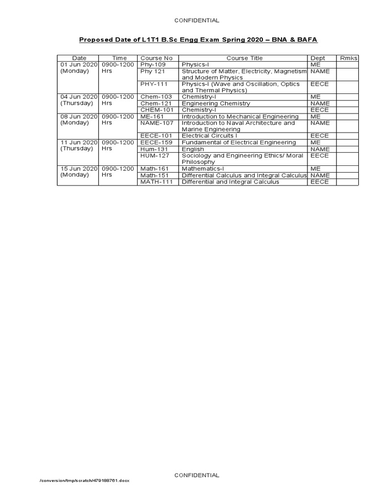 Engineering Exam Schedule 2020 | PDF