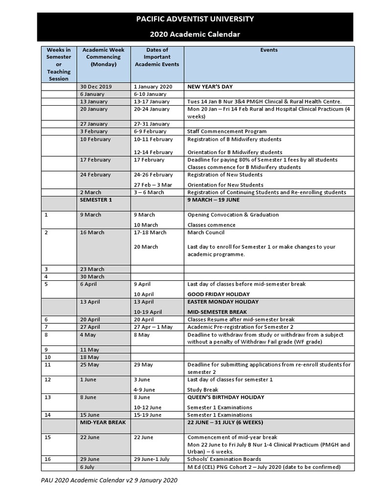 Pacific Adventist University 2020 Academic Calendar | PDF | Academic ...