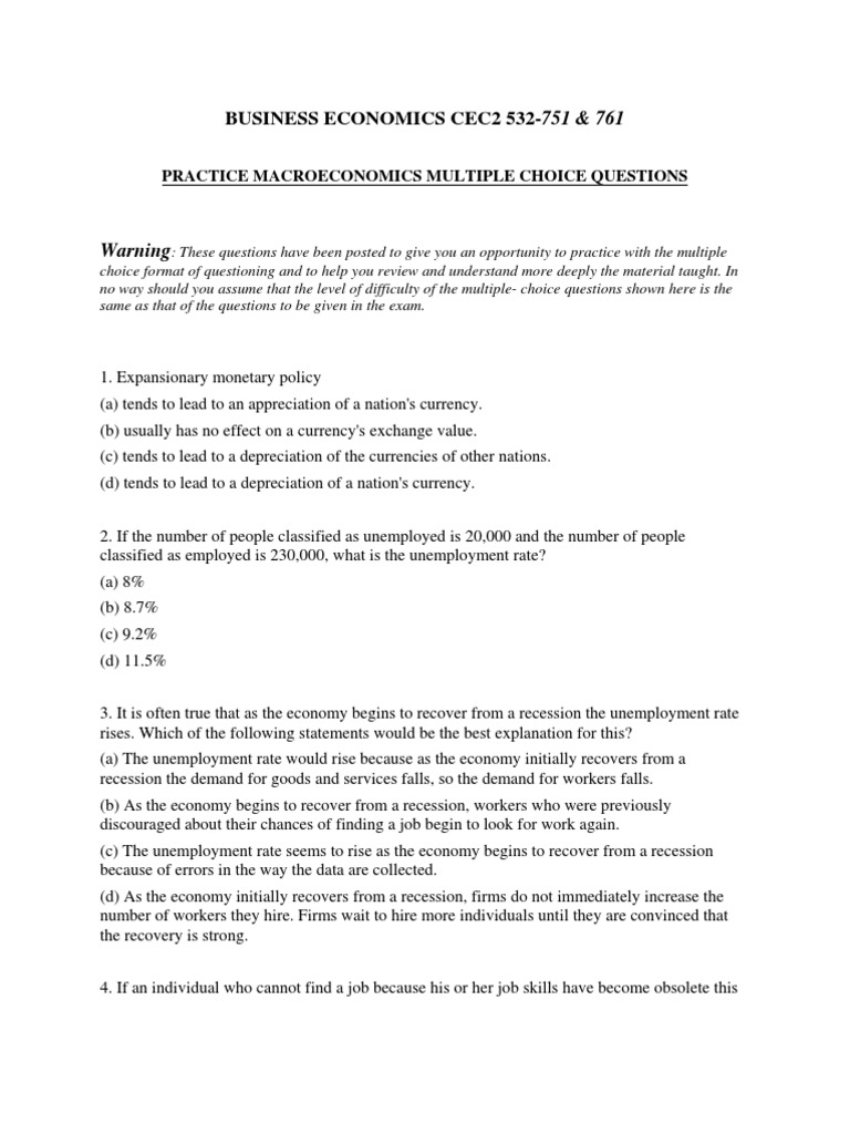 Practice Macro Economics Multiple Choice Questions | PDF | Money Supply ...