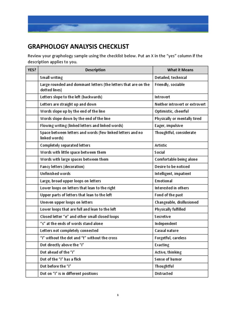 Graphology Analysis Checklist | PDF | Extraversion And Introversion ...