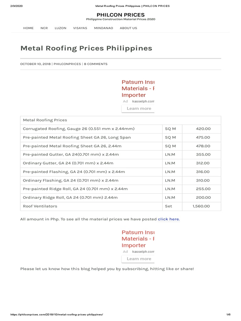 Metal Roofing Prices Philippines - PHILCON PRICES | PDF | Building ...