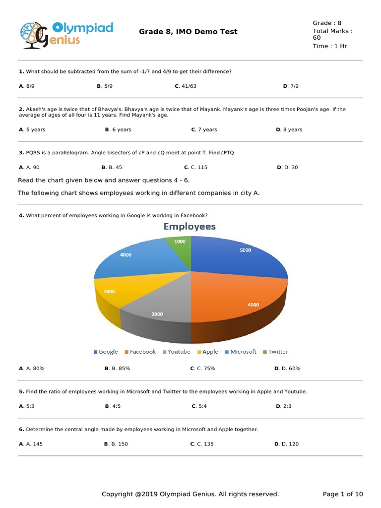 Grade 8, IMO Demo Test: Grade: 8 Total Marks: 60 Time: 1 HR | PDF ...