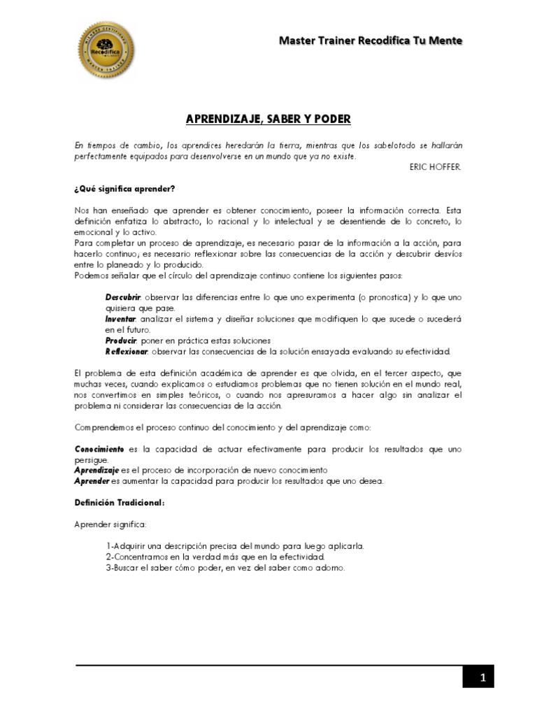 Aprendizaje Saber y Poder | PDF | Mente | Aprendizaje