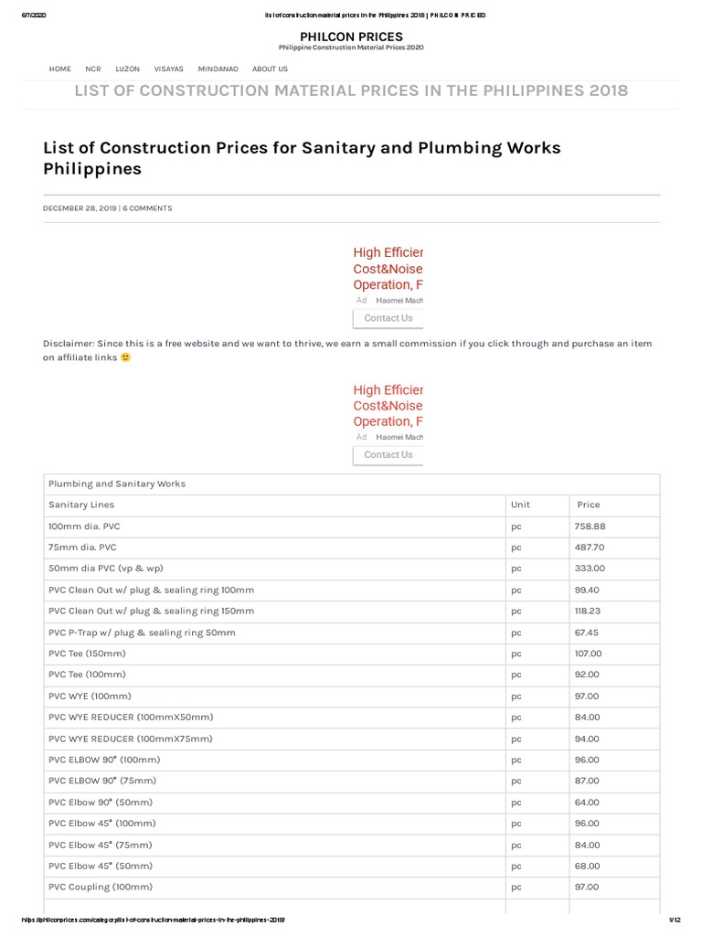 List of Construction Material Prices in The Philippines 2018 - PHILCON PRICES | PDF | Pipe ...