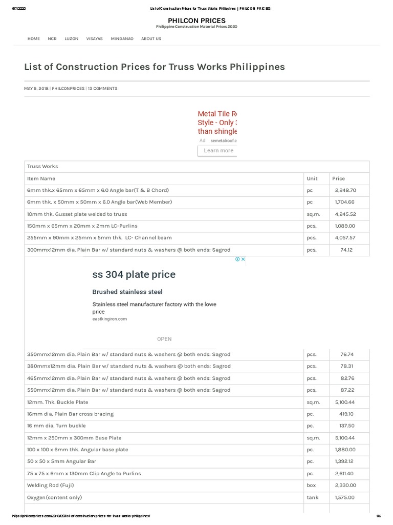 Truss Works Price List Philippines 2020 | PDF | Truss | Civil Engineering
