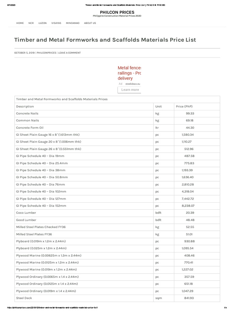 Timber and Metal Formworks and Scaffolds Materials Price List - PHILCON ...